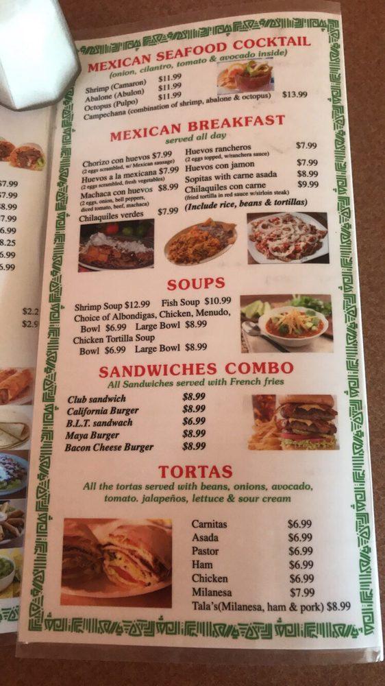 Menu at Tala's Restaurant, Lomita
