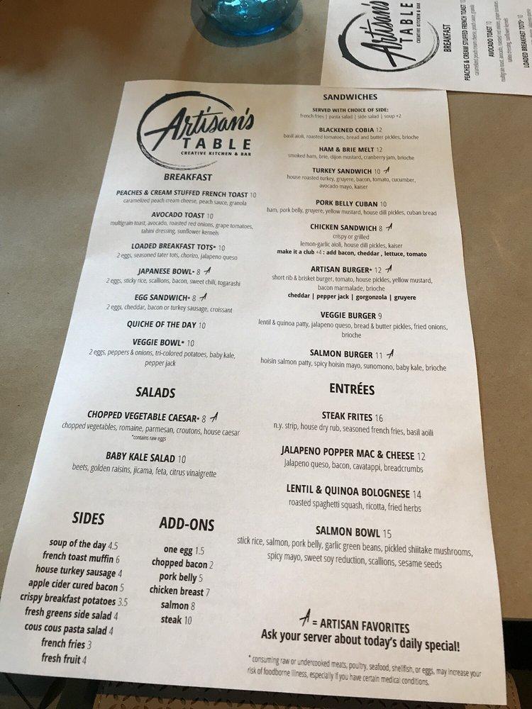 Menu at Artisan's Table restaurant, Orlando