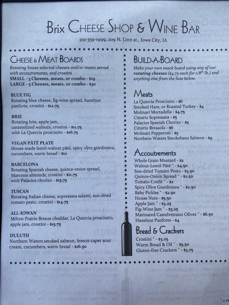 Menu at Brix Cheese Shop & Wine Bar, Iowa City