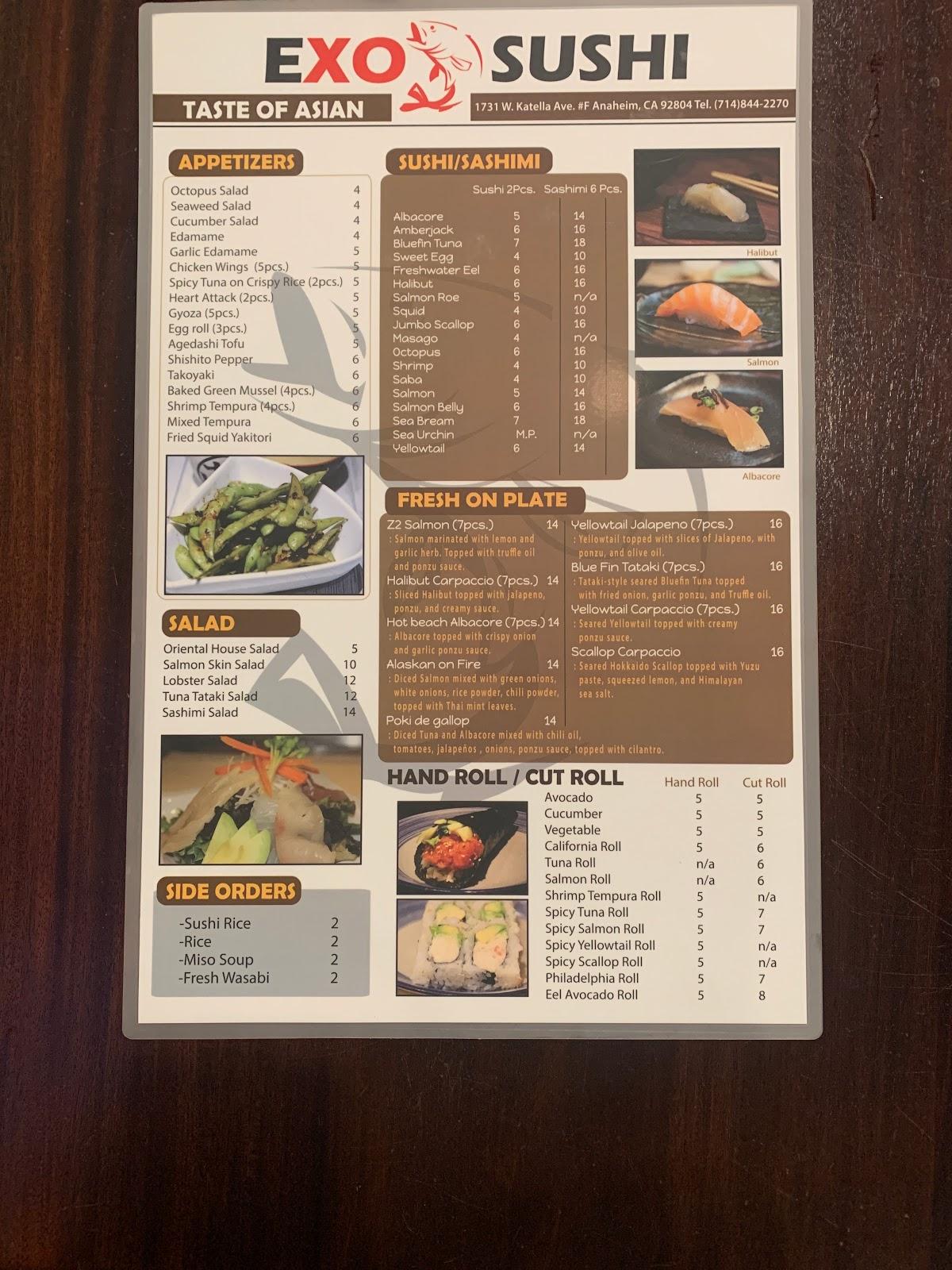 Menu at EXO Sushi restaurant, Anaheim