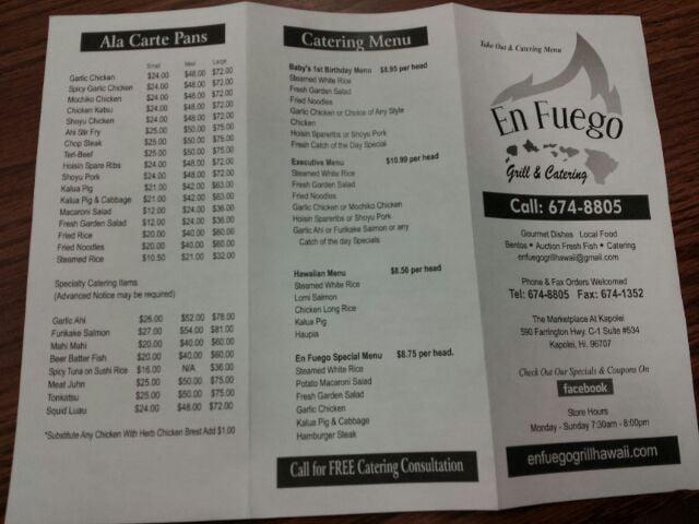 Menu at En Fuego Grill & Catering restaurant, Kapolei
