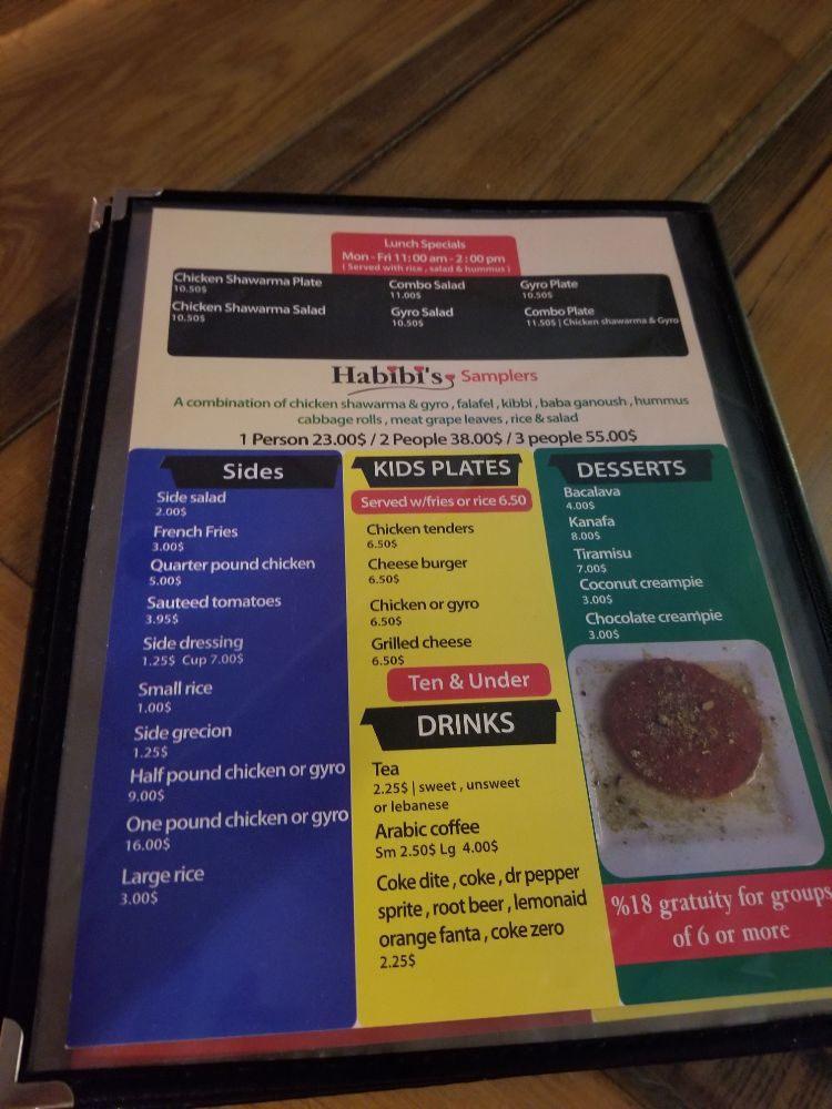 Menu at Habibi's Lebanese Cuisine restaurant, Marksville