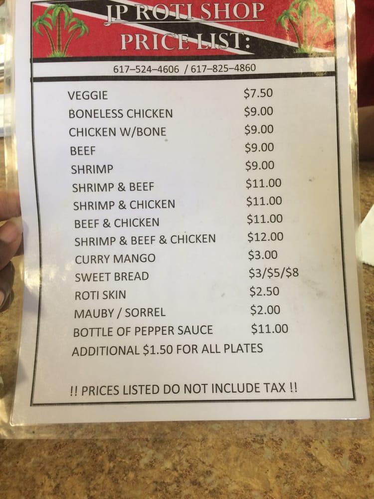 Carta del restaurante JP Roti Shop, Boston
