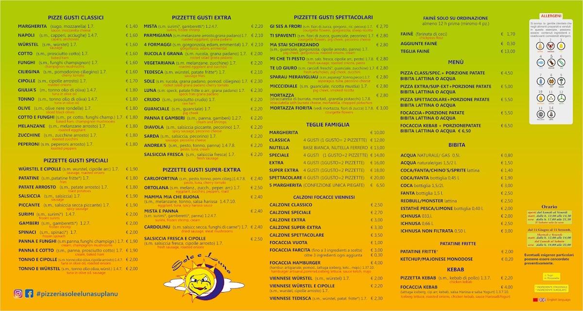 Menu da Pizzeria Sole e Luna, Cagliari, Piazza Boiardo 4