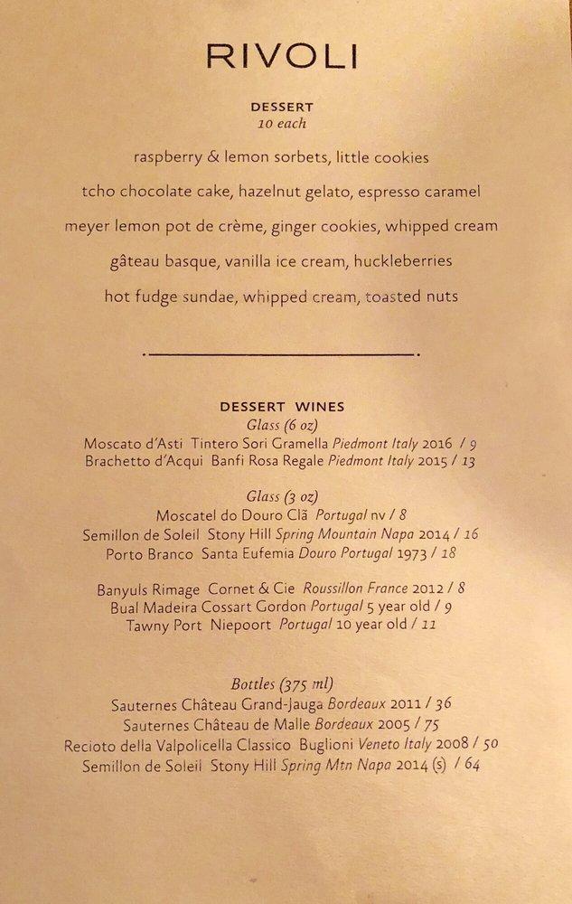 Menu at Rivoli pub & bar, Berkeley