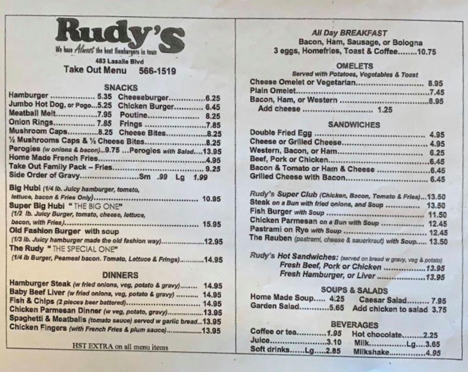 Menu at Rudy's Restaurant, Sudbury