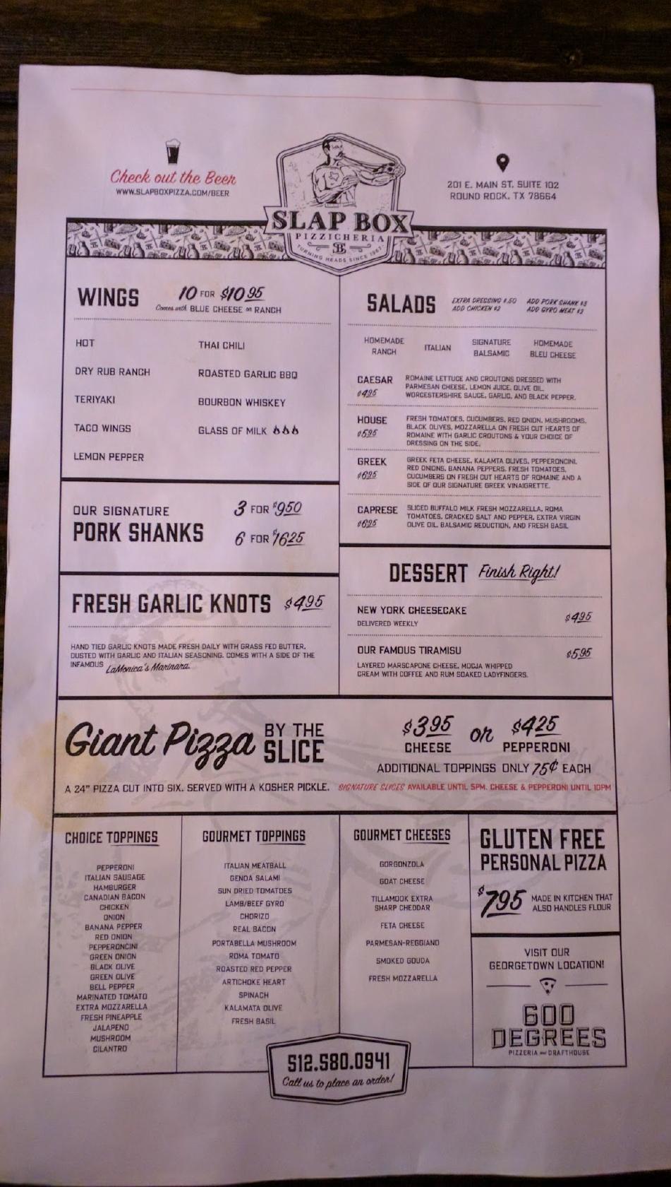 Menu at 600 Degrees Round Rock (Slapbox Round Rock) pub & bar, Round Rock