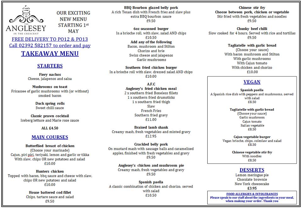Menu at The Anglesey Hotel pub & bar, Gosport