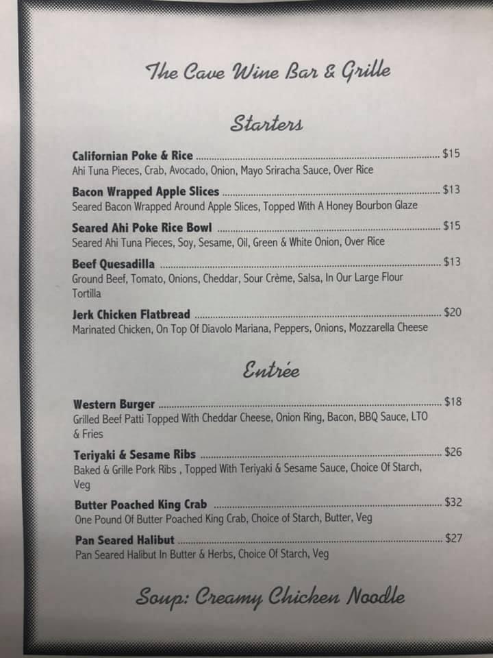 Menu at The Cave steakhouse, Delta Junction