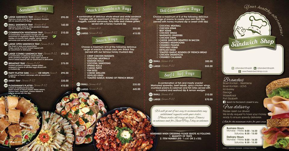 Menu at The Sandwich Shop restaurant, Kimberley