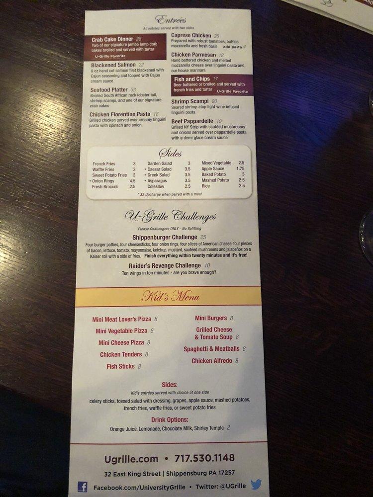 Menu at University Grille pub & bar, Shippensburg