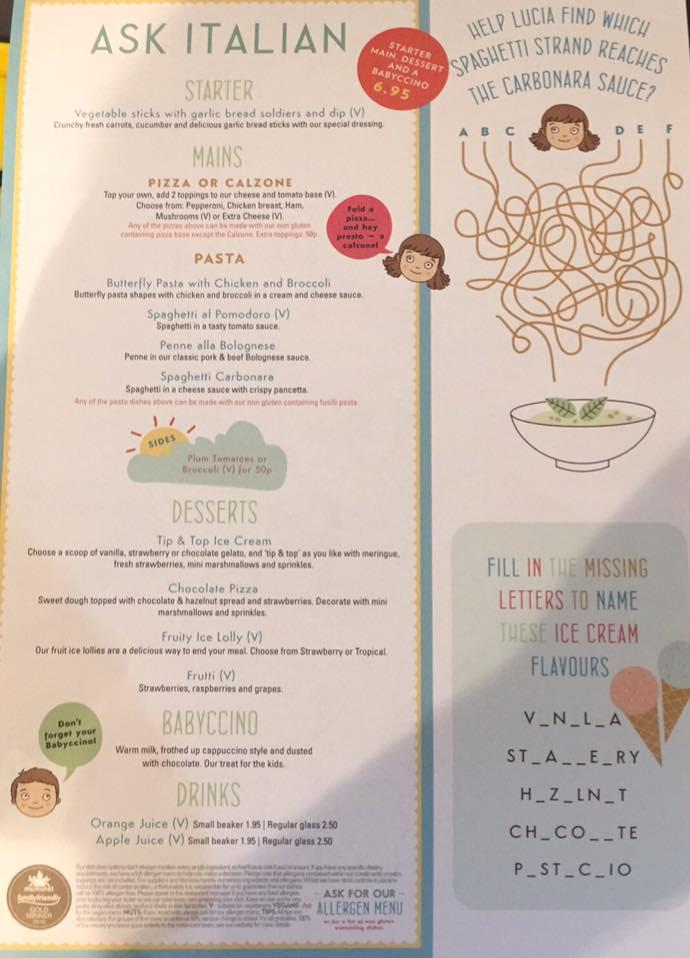 Menu at ASK Italian pizzeria, Worthing