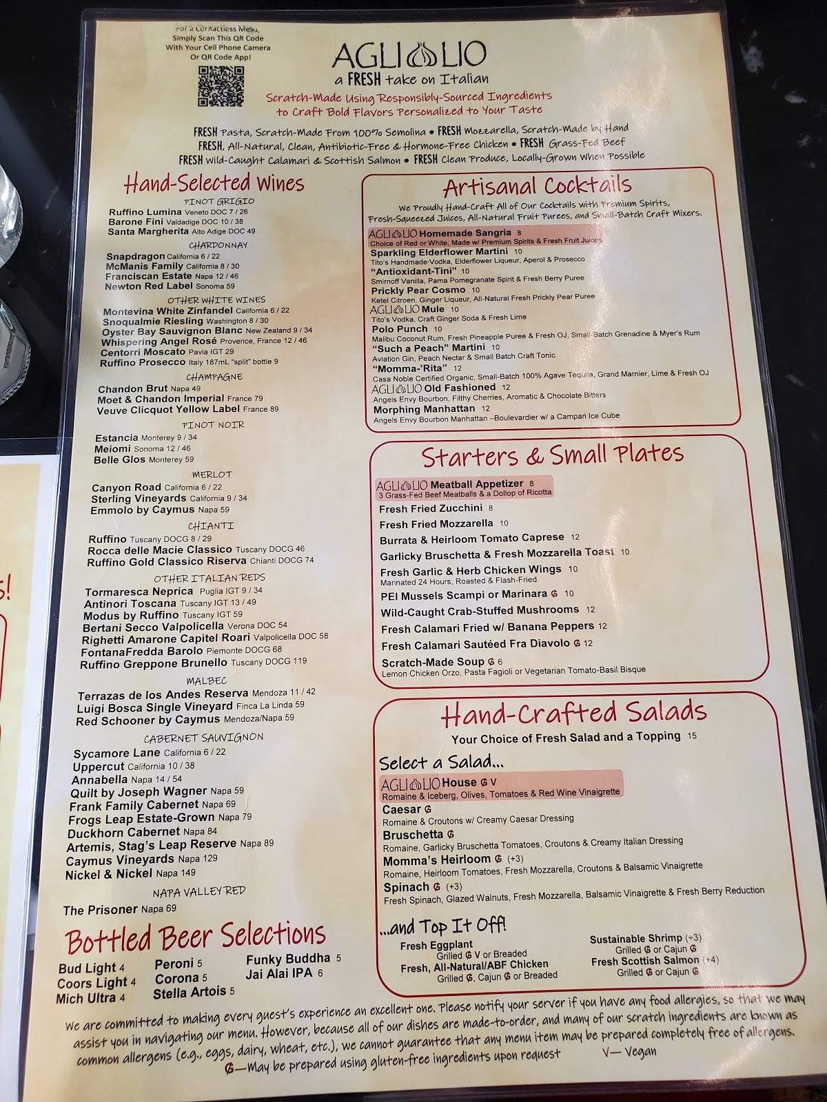 Menu at Agliolio ~ a FRESH Take on Italian pub & bar, Wellington