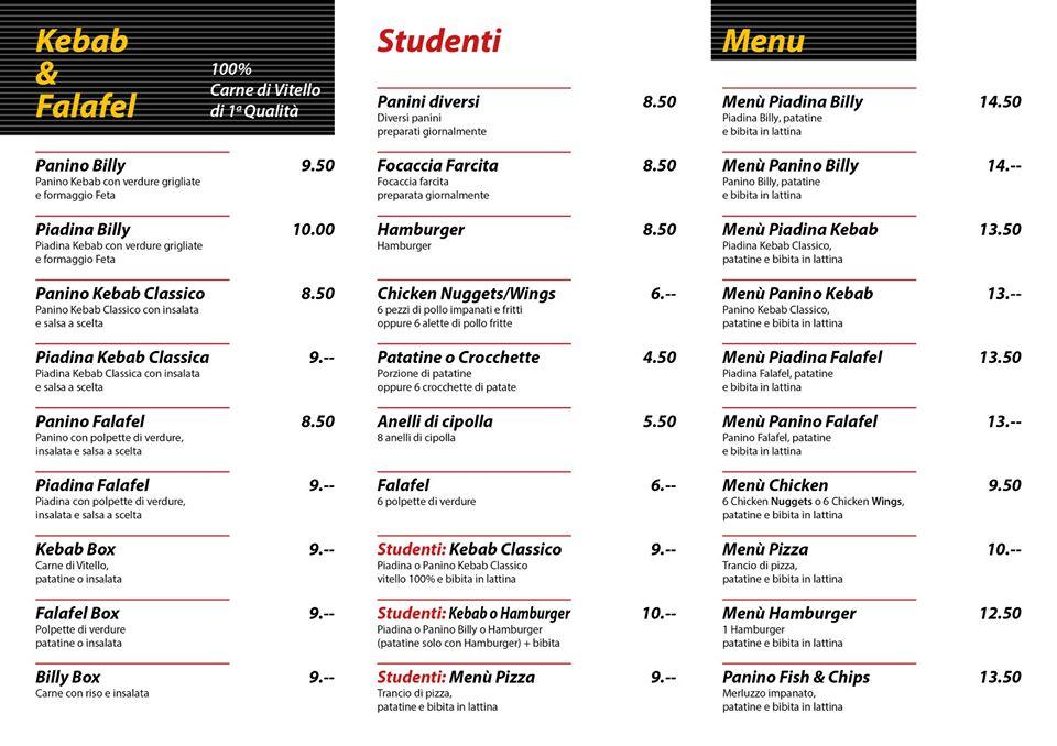Menu da Billy Food, Lugano