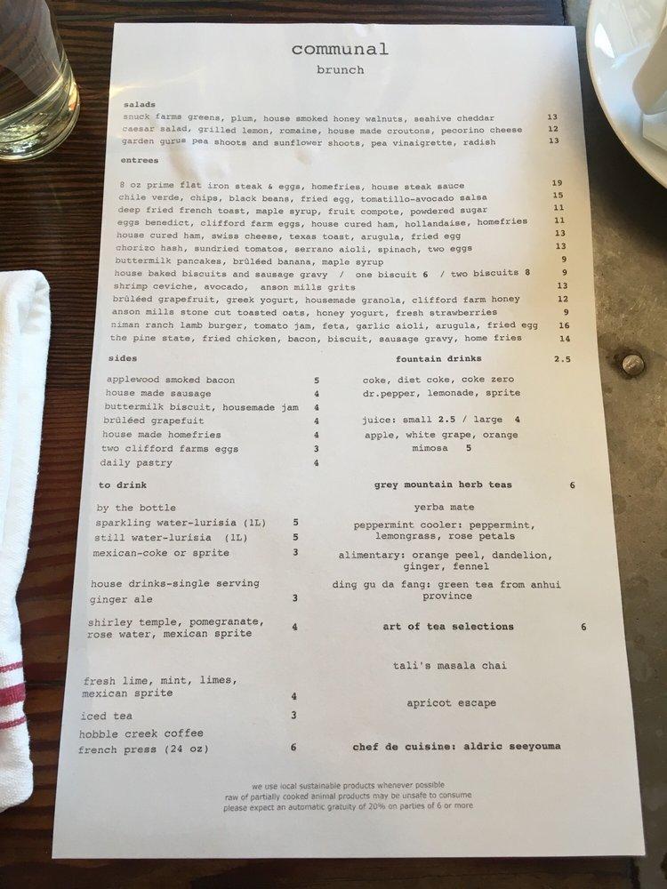 Menu at Communal restaurant, Provo