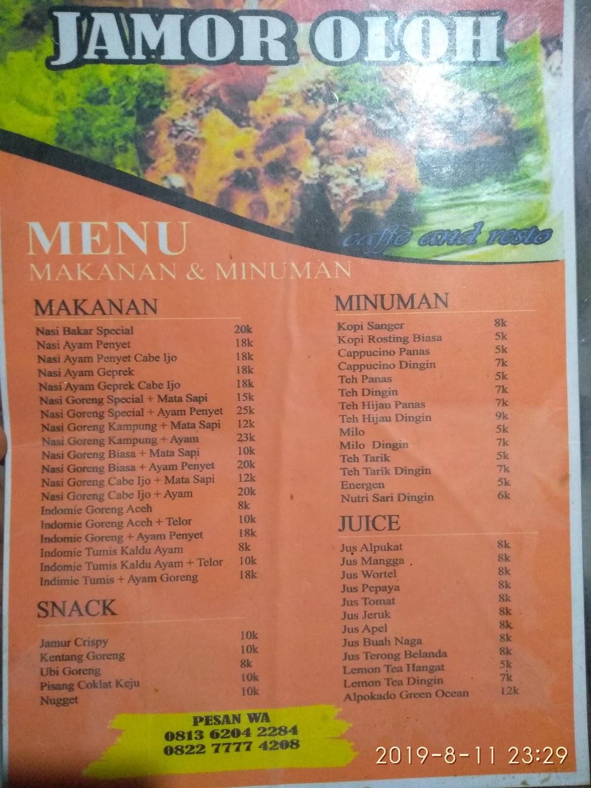 Menu at Jamor Oloh Coffee & Resto cafe, Simpang Tiga Redelong