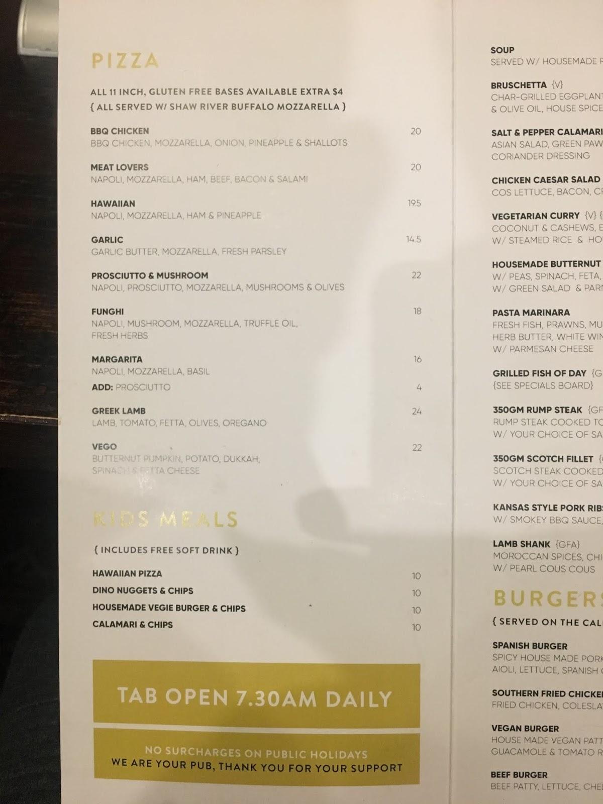 Carta del pub y bar The Cally, Warrnambool
