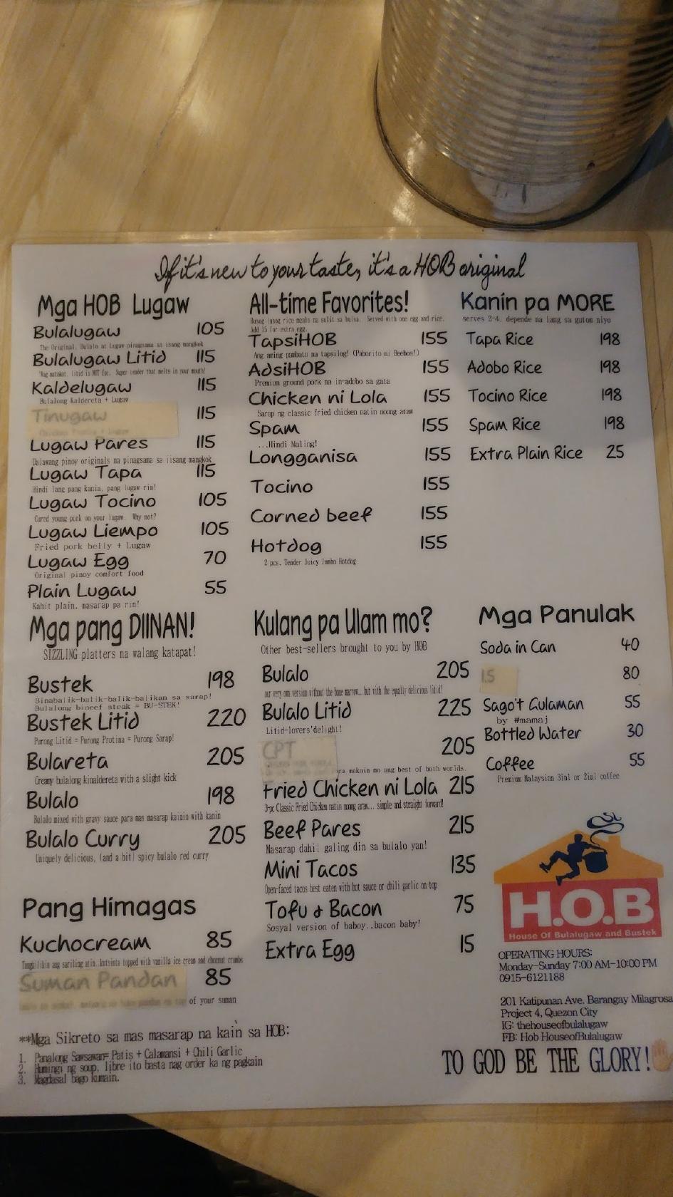 Menu at The House of Bulalugaw (H.O.B.) restaurant, Quezon City, J39C+6HX