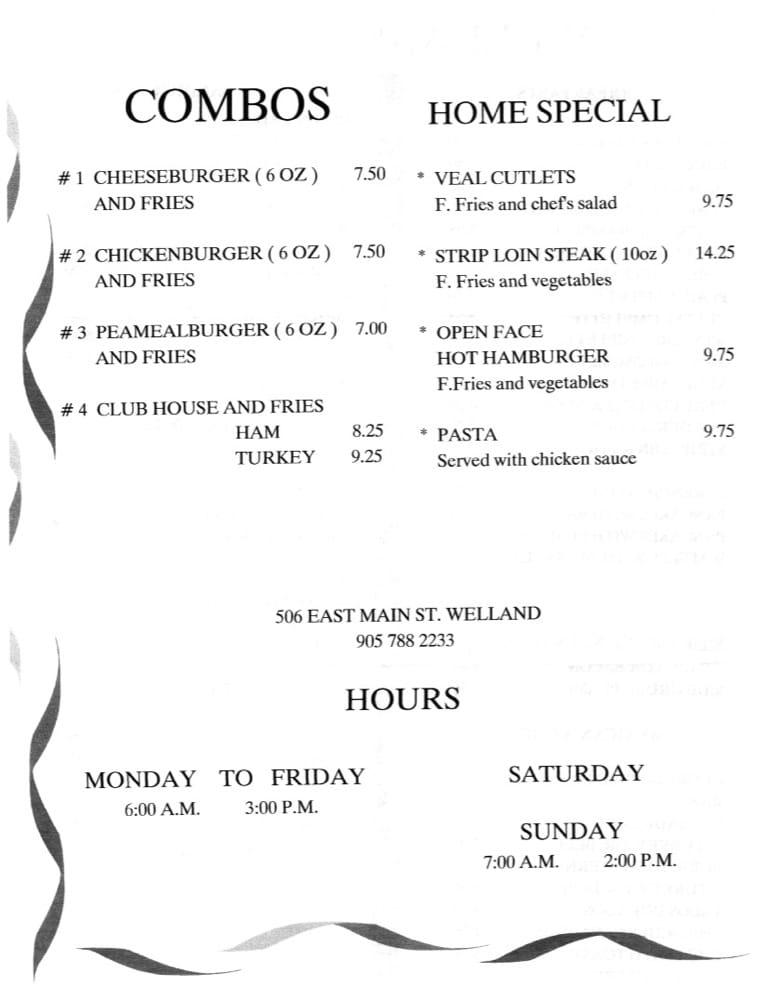 Menu at Welland Cafe, Welland