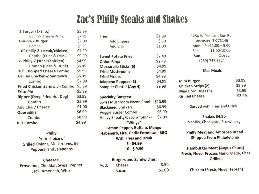 Menu at Zac's Phillysteaks & Shakes restaurant, Lancaster