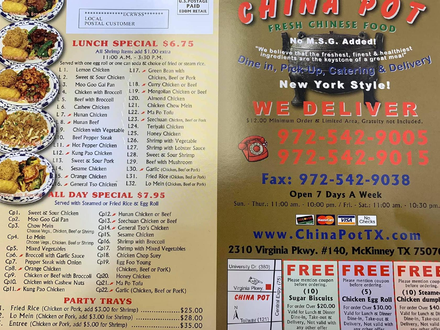 Menu at China Pot restaurant, McKinney