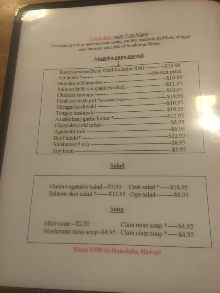 Menu at Akasaka restaurant, Honolulu