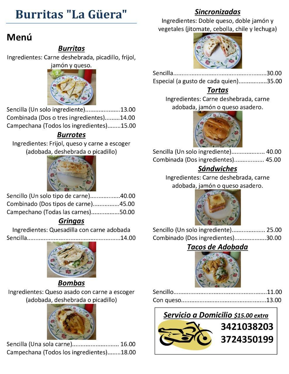 Menu at BURRITAS LA GÜERA restaurant, La Manzanilla de La Paz
