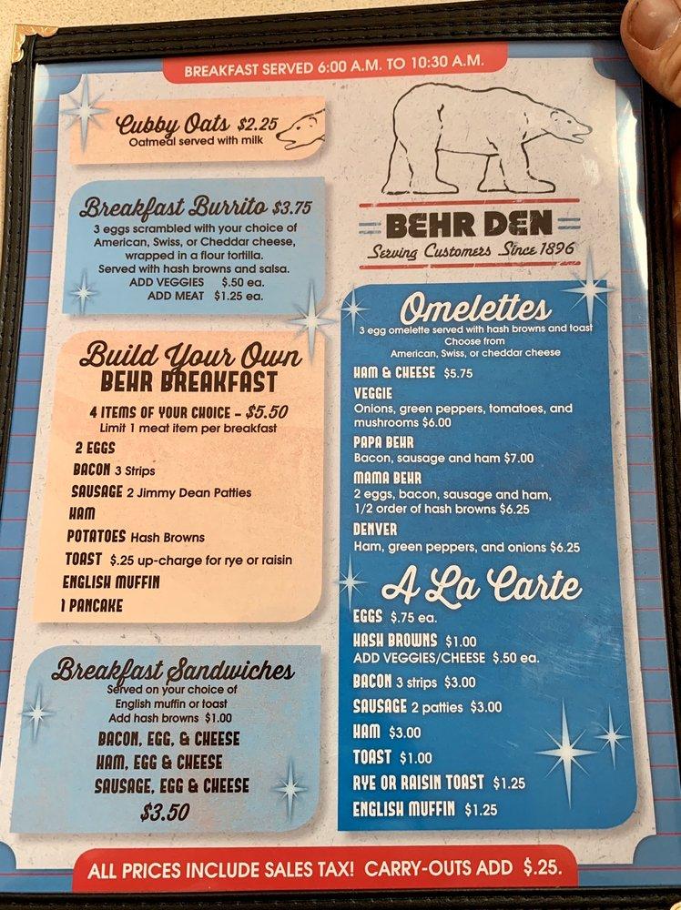 Menu at Behr Den Restaurant, Rockford