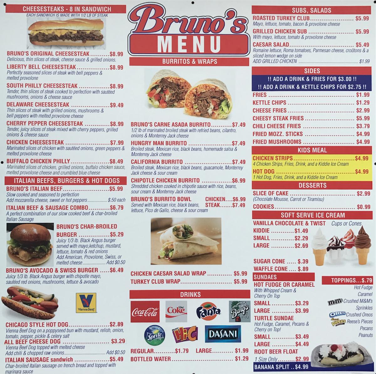 Menu at Bruno's Cheesesteaks desserts, North Aurora