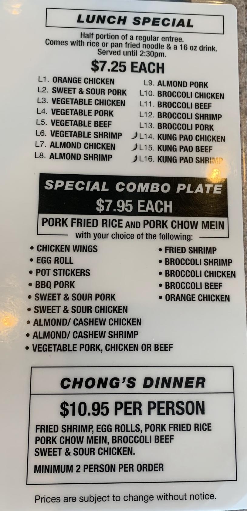 Menu at Chong's Chinese Bar'b'que & Salads, Fresno
