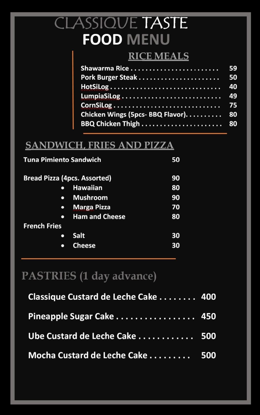 Menu at Classique Taste restaurant, Cuyo