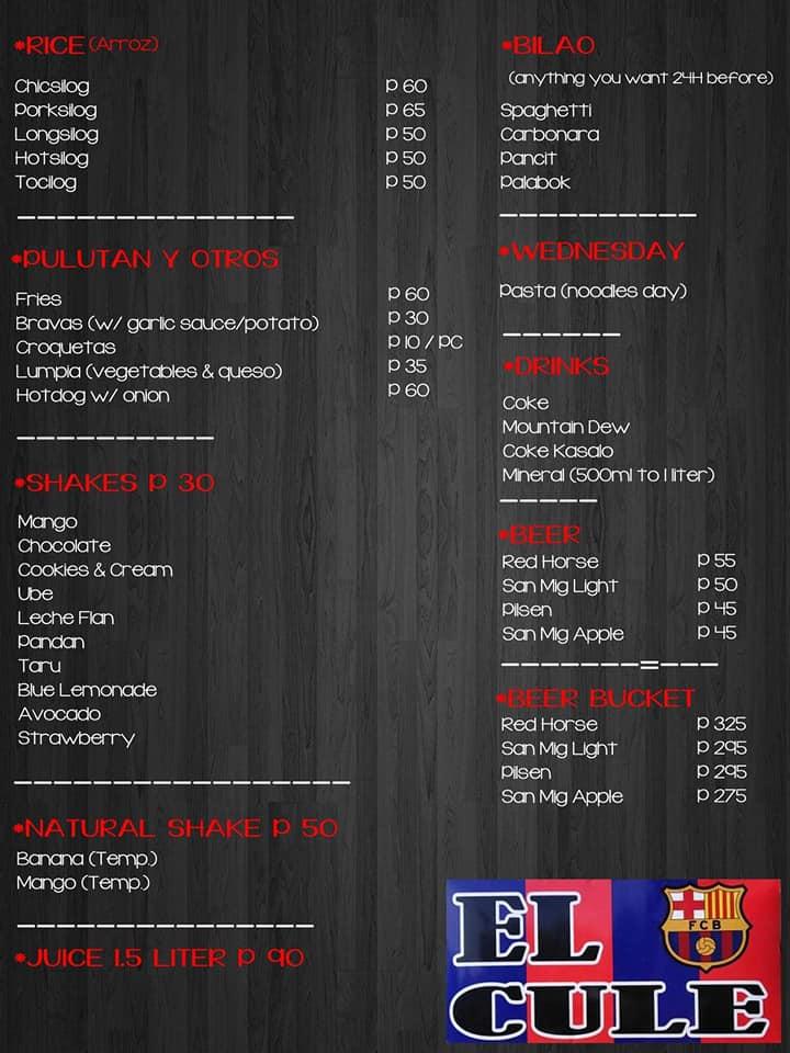 Menu at El Cule restaurant, San Jose City