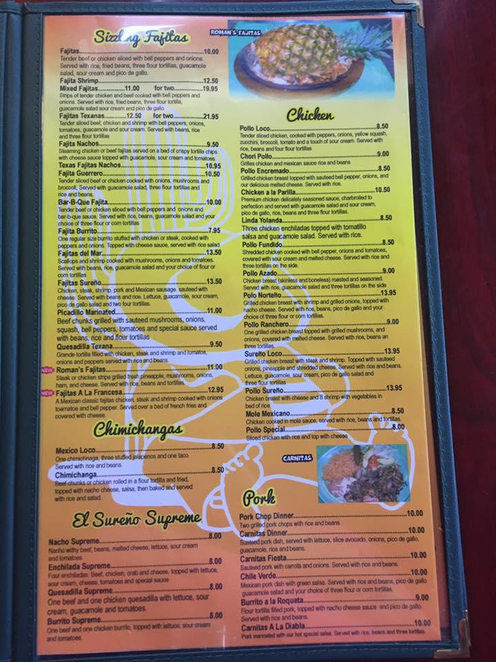 Menu at El Sureño restaurant, Tryon