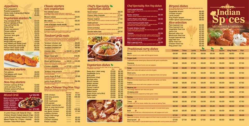 Menu at INDIAN SPICES RESTAURANT AND TAKEAWAY, Leicester