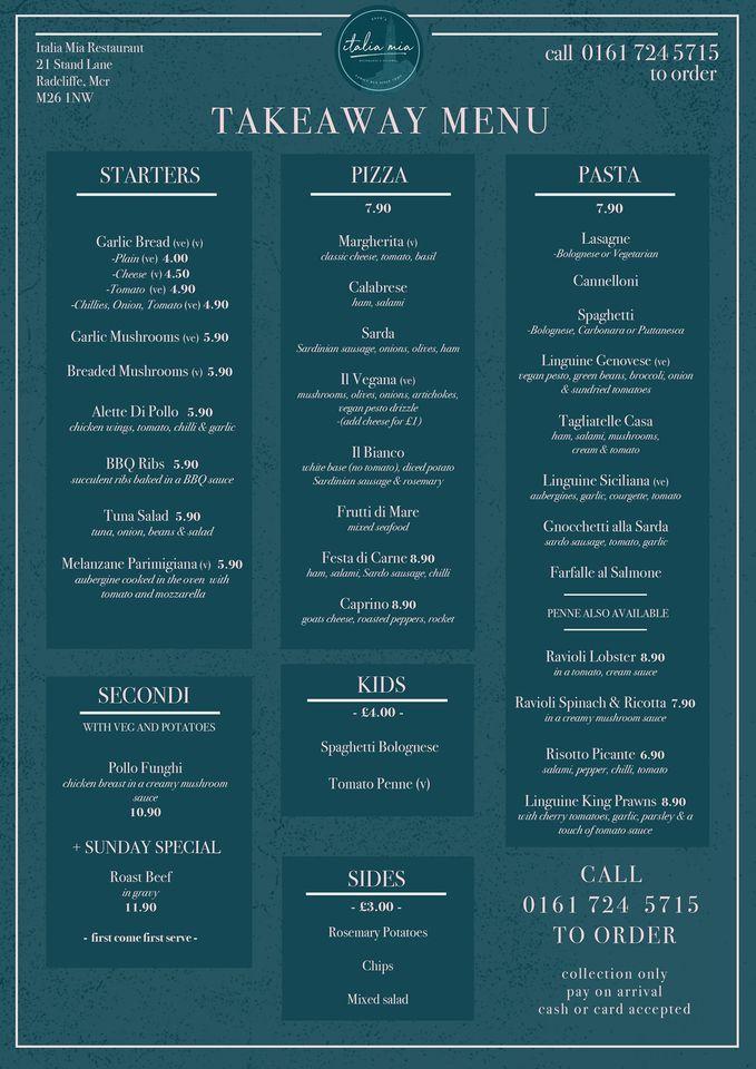 Menu at Italia Mia restaurant, Manchester