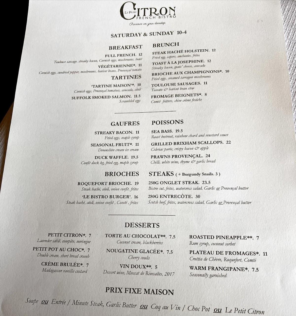 Menu at Le Petit Citron restaurant, London