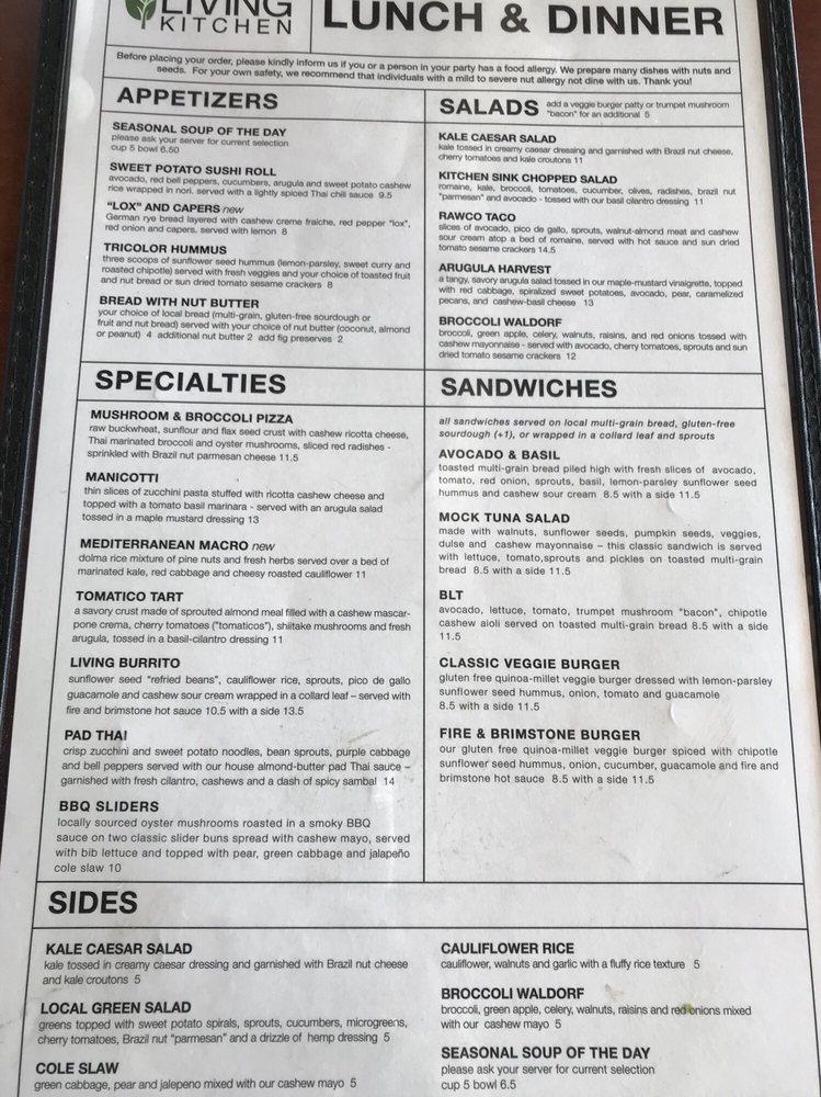 Menu at Living Kitchen restaurant, Charlotte, South Blvd Suite 300