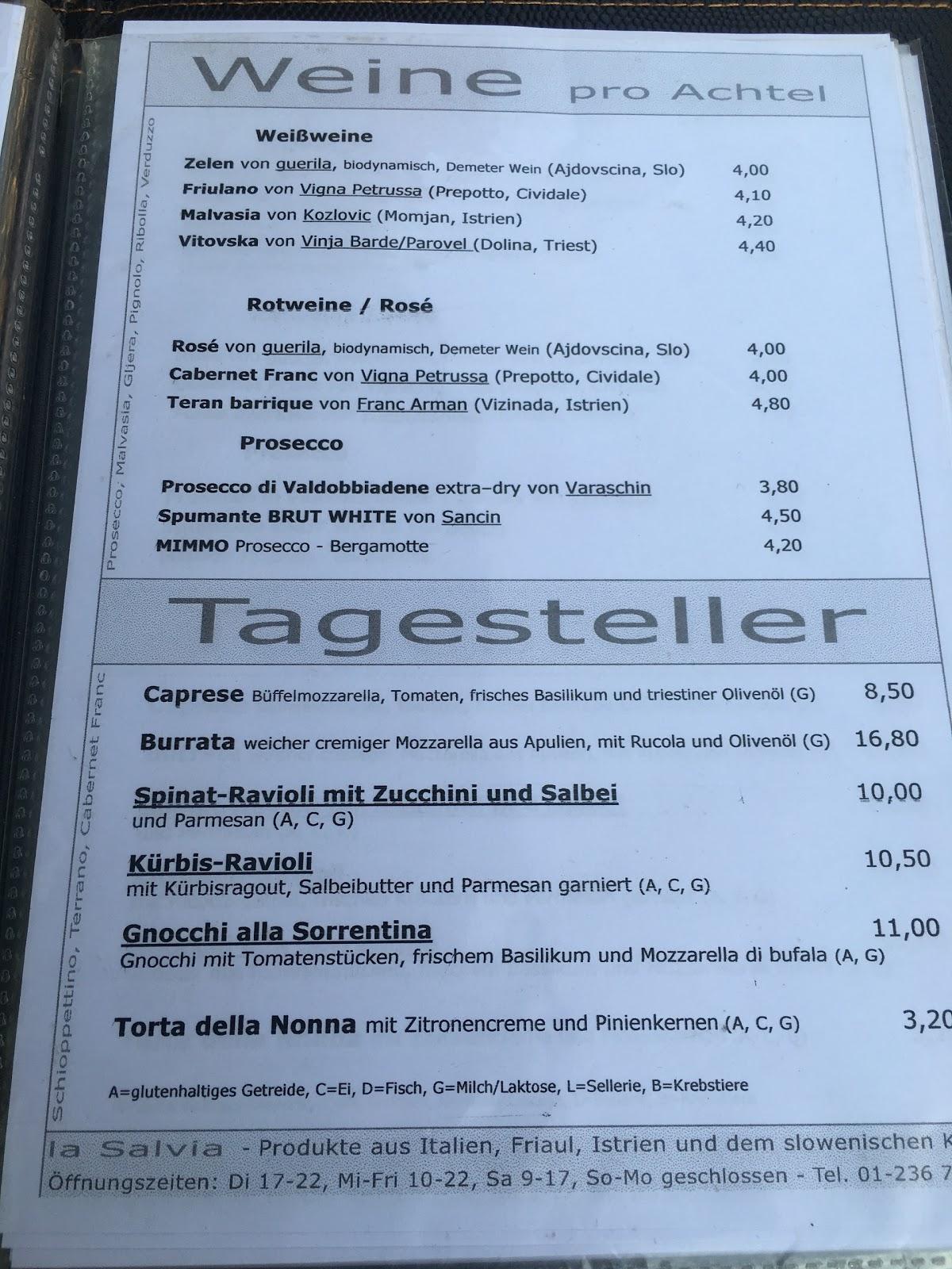 Speisekarte von La Salvia restaurant, Wien