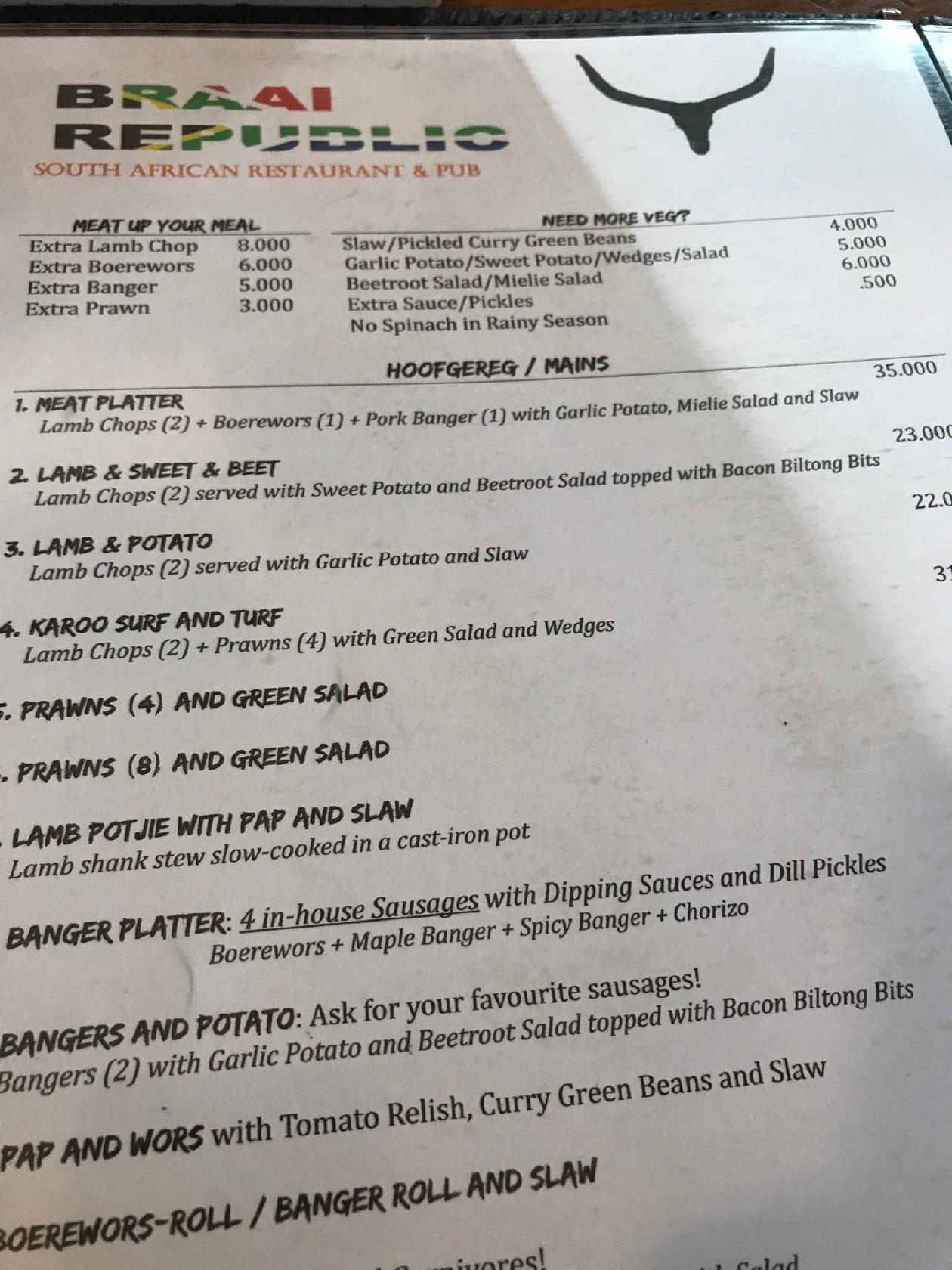 Menu at Braai Republic, Seoul