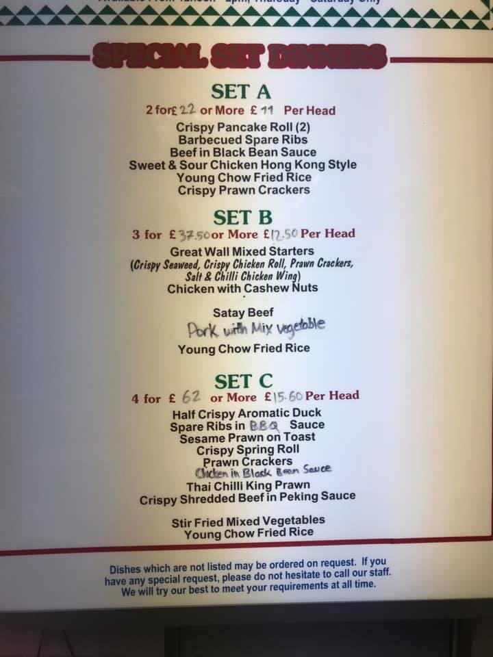 Menu at Great Wall Clevedon Chinese Take Away restaurant, Clevedon