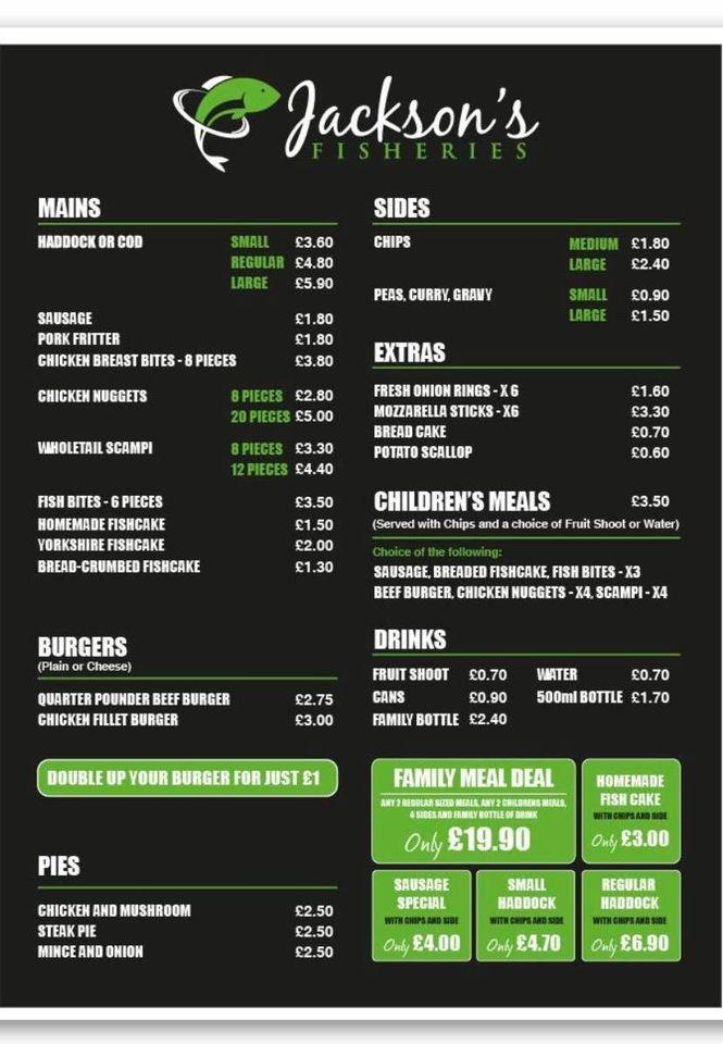 Menu at Jackson’s Fisheries fast food, Bridlington
