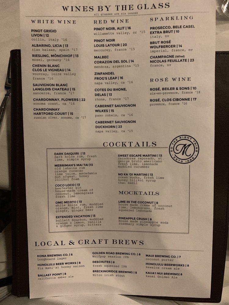 Menu at Merriman's Kauai restaurant, Koloa, Ala Kalanikaumaka St