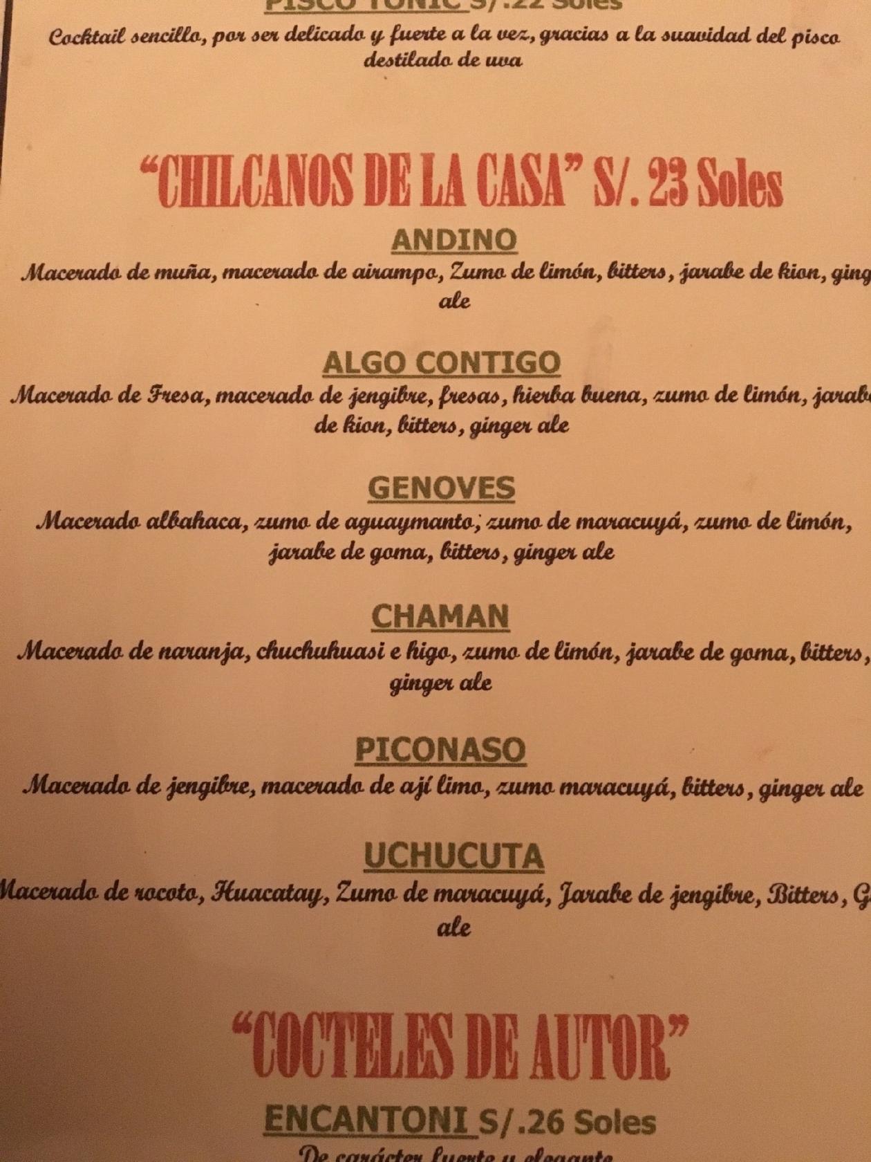 Carta del pub y bar MUSEO DEL PISCO - AREQUIPA, Arequipa, C. Moral 229