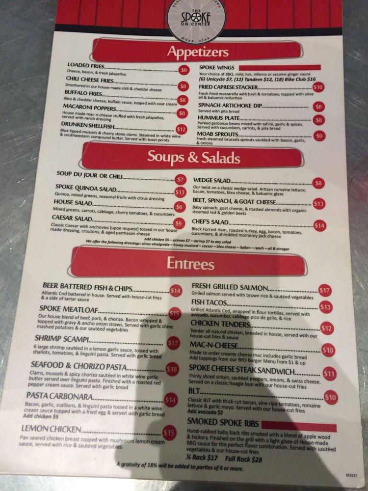 Menu at The Spoke on Center restaurant, Moab