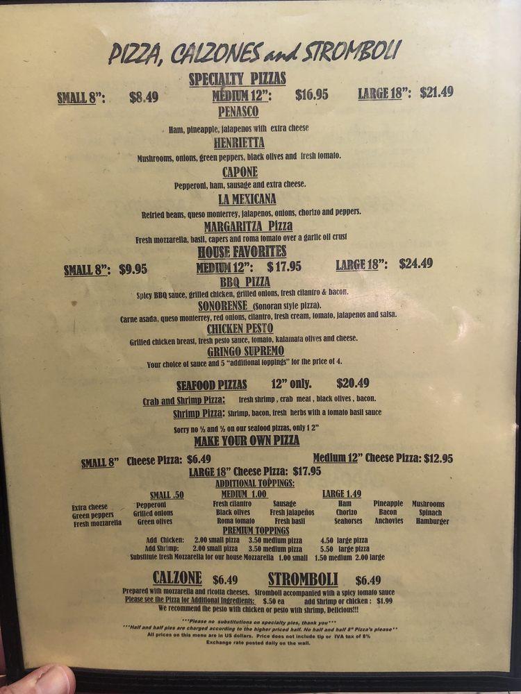 Menu at Al Capone's Seafood and Pizzeria, Puerto Peñasco