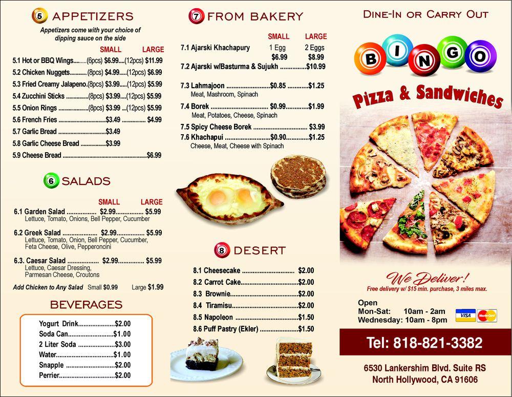 Menu at Bingo Pizza & Sandwiches pizzeria, Los Angeles