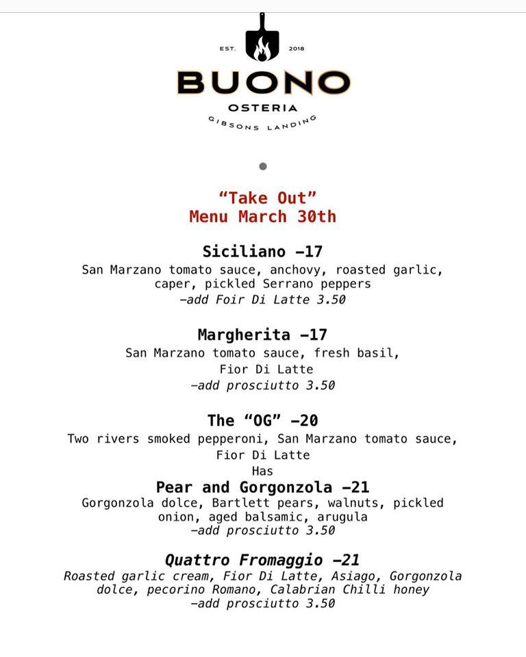 Menu au Buono Osteria pizzeria, Gibsons