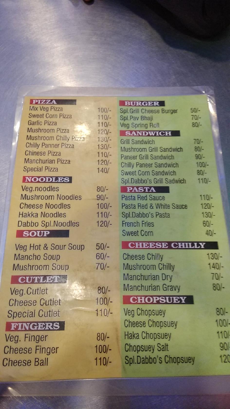 Menu at Dabbo's Pizza Moga, Moga