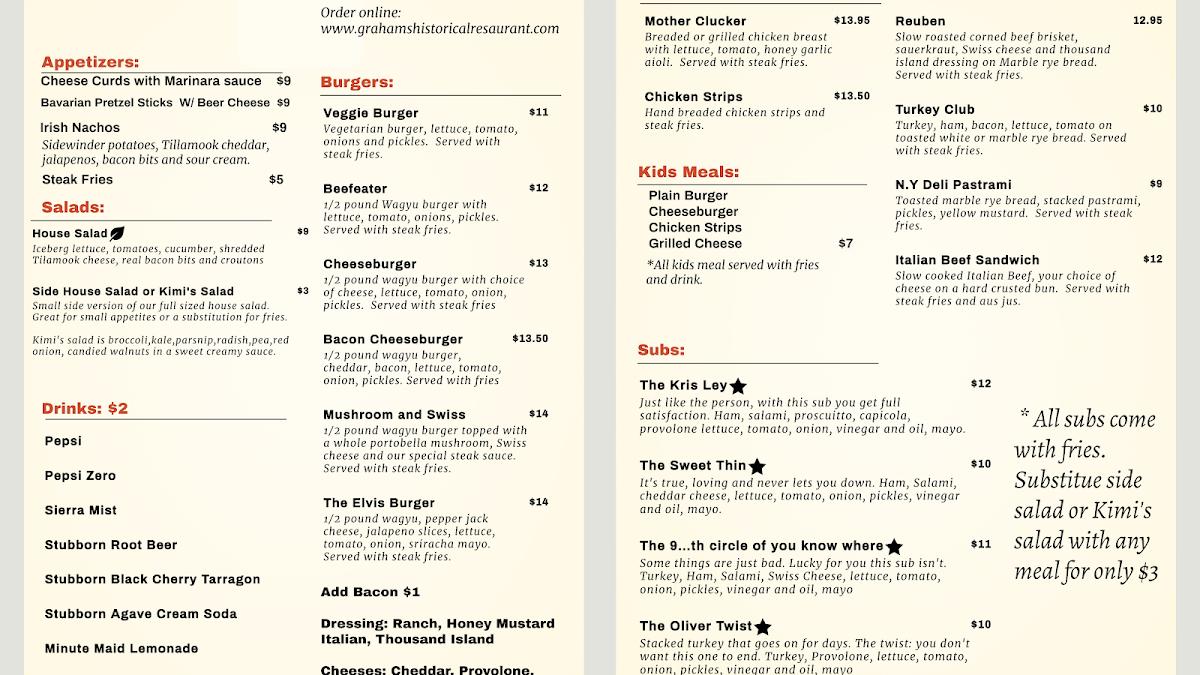 Menu at Graham's Restaurant, Glacier