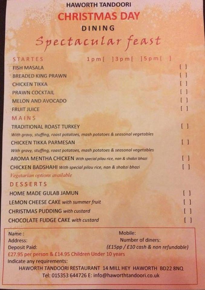 Menu at Haworth Tandoori restaurant, Haworth